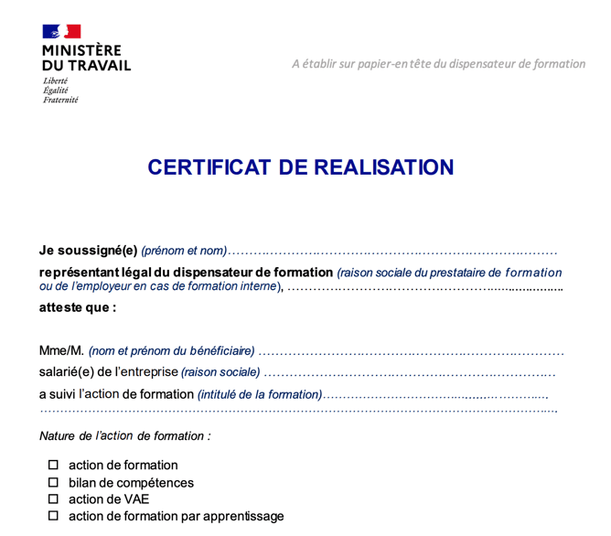 Le certificat de réalisation de la formation